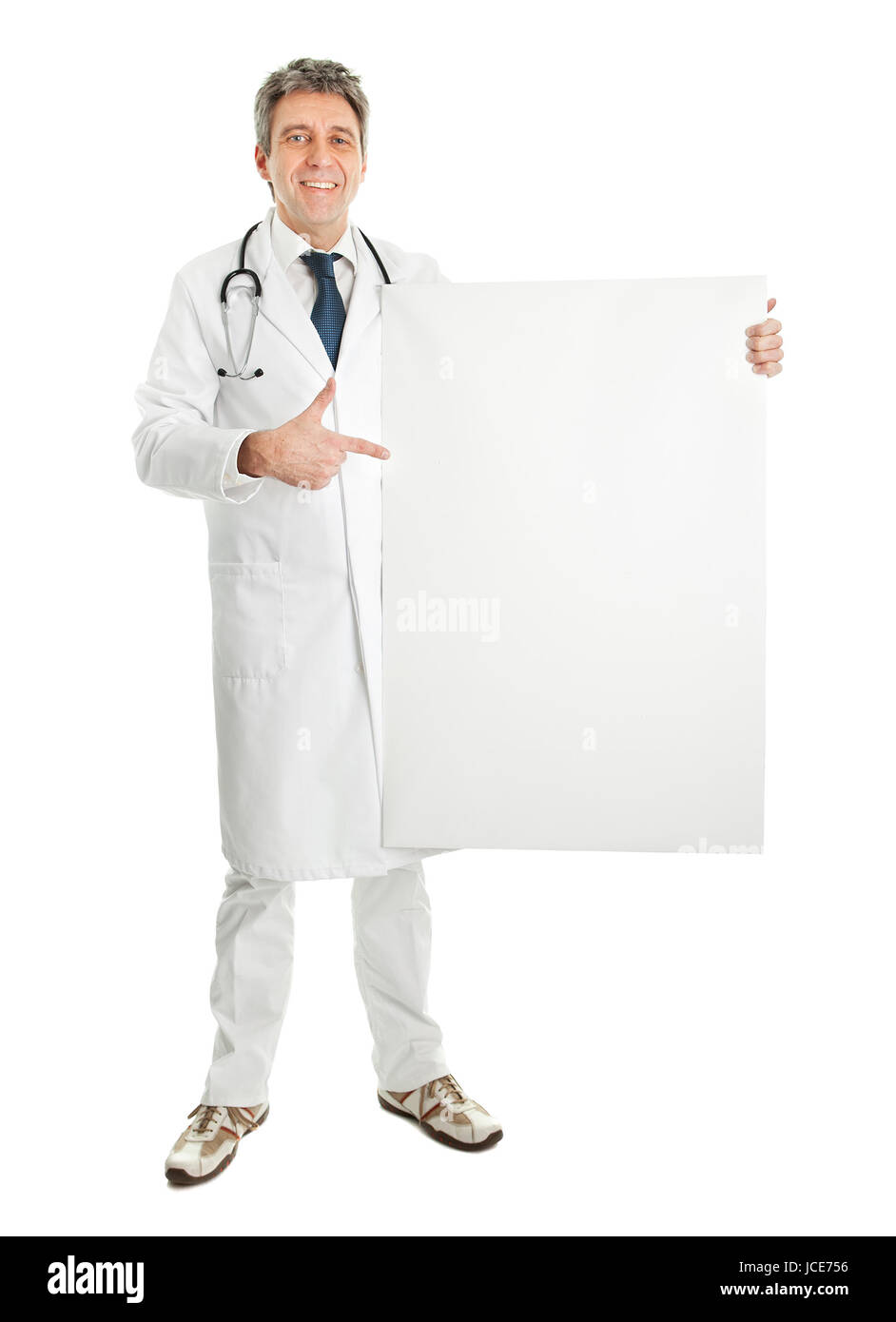 Smiling senior medical doctor presenting empty board. Isolated on white ...