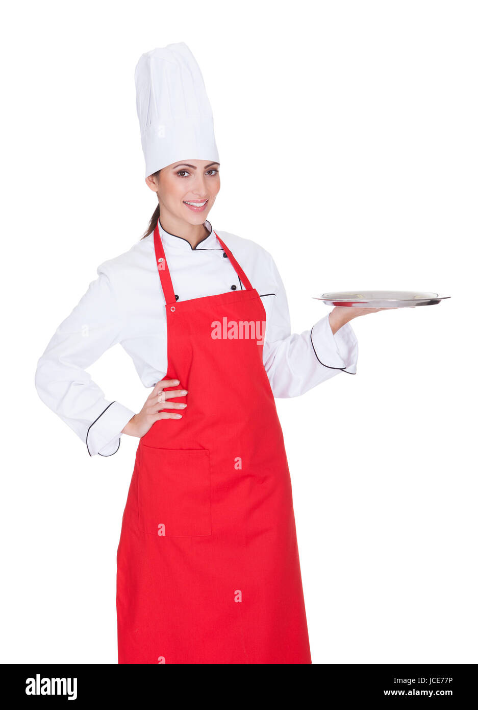 Female Chef Presenting Plate. Isolated On White Stock Photo - Alamy