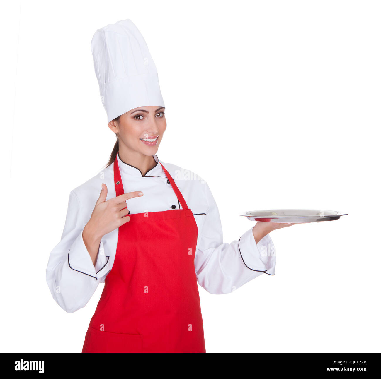 Female Chef Presenting Plate. Isolated On White Stock Photo - Alamy