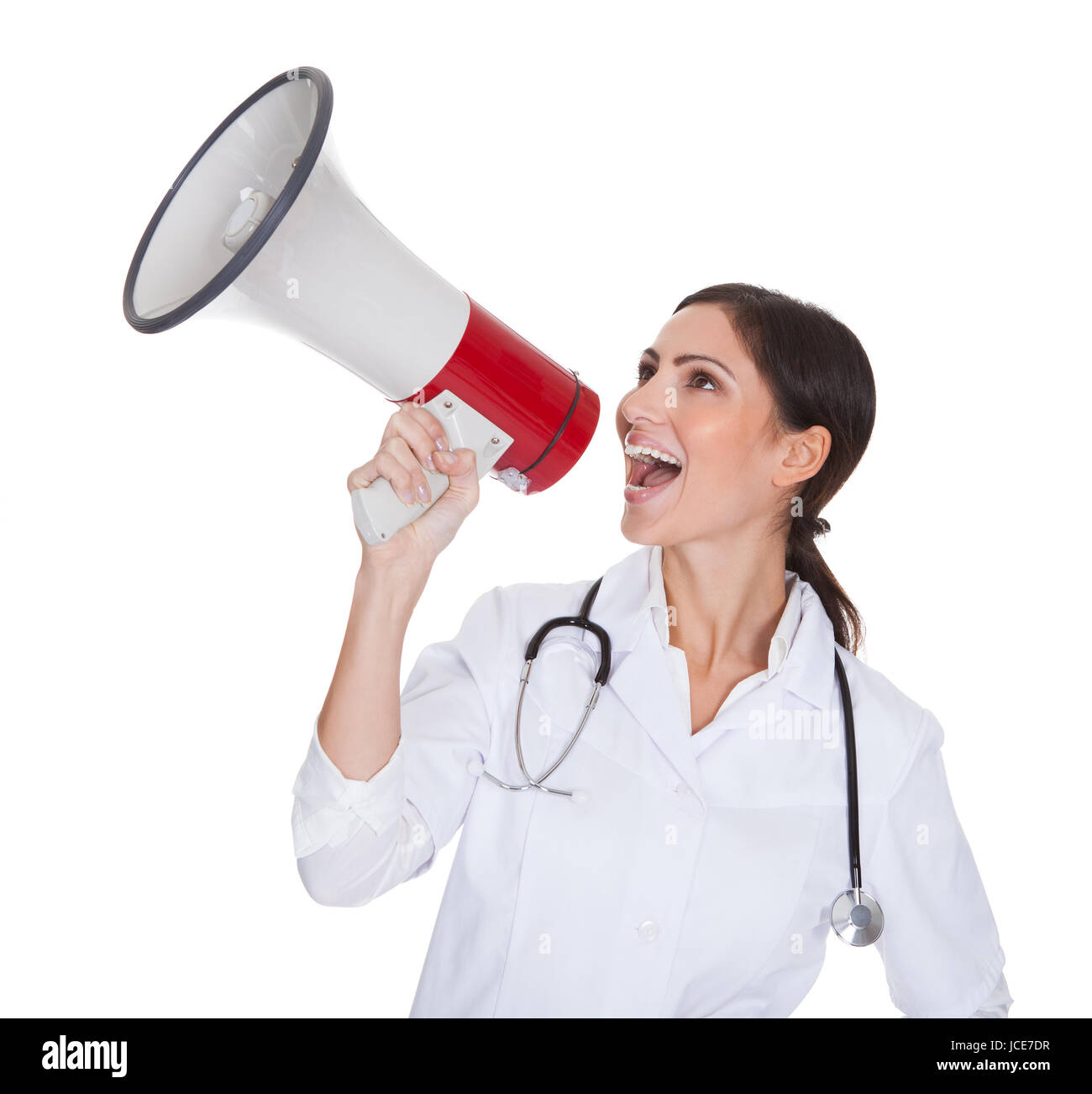Female Doctor Shouting In Megaphone. Isolated On White Stock Photo - Alamy