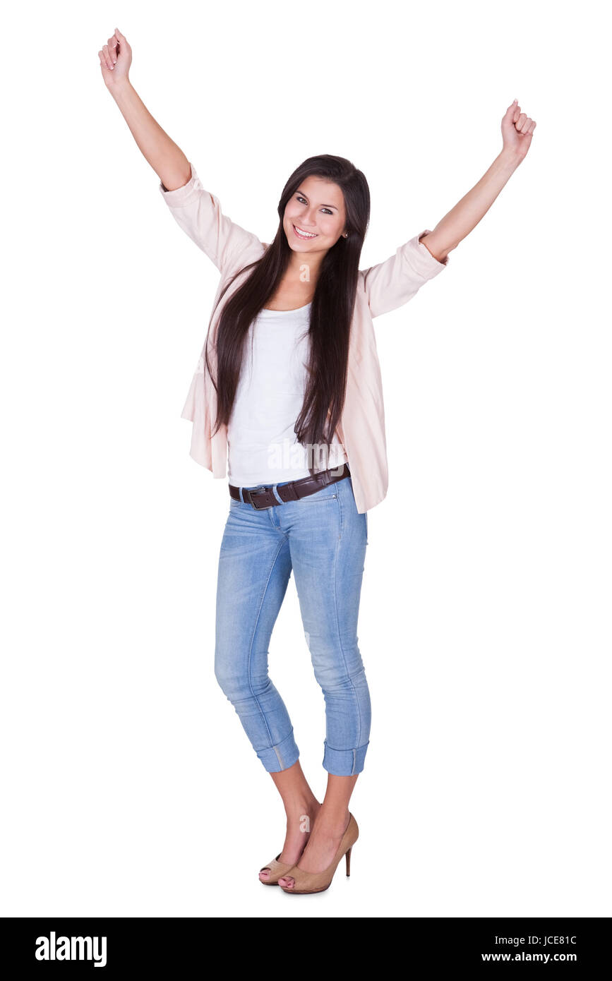 Full length portrait of a young shapely beautiful woman in trendy ...