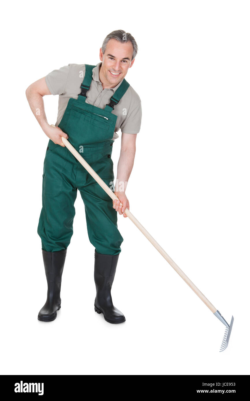 Happy male Gardner With Gardening Tool on isolated on white background ...