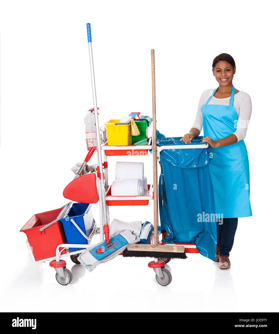 Female Cleaner With Cleaning Equipment. Isolated On White Stock Photo ...