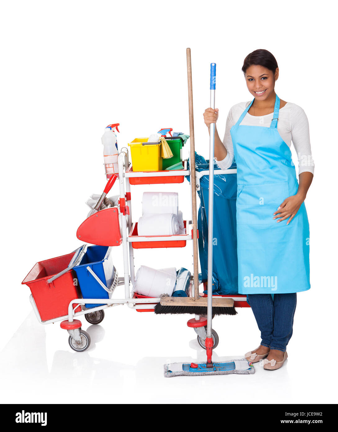 Female Cleaner With Cleaning Equipment. Isolated On White Stock Photo ...