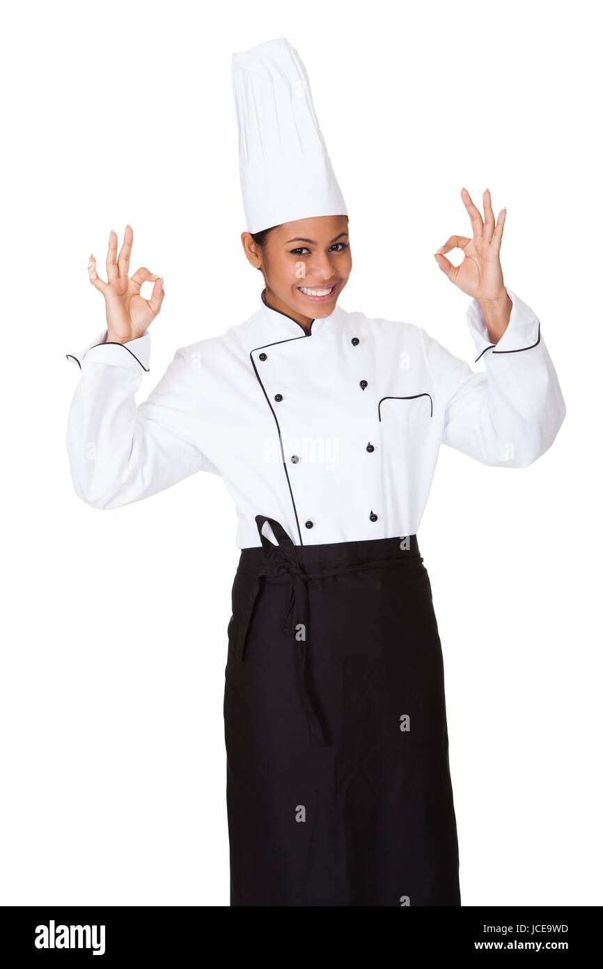 Female Chef Showing Ok Sign. Isolated On White Stock Photo - Alamy