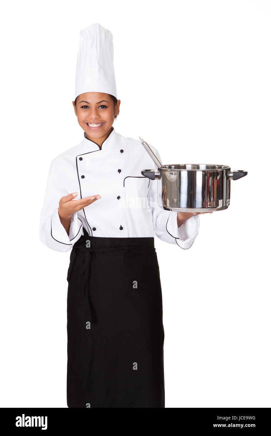Female Chef With Cooking Pot In Hand. Isolated On White Stock Photo - Alamy