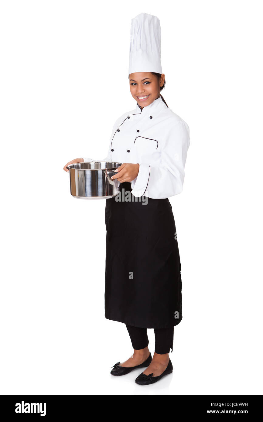 Female Chef With Cooking Pot In Hand. Isolated On White Stock Photo - Alamy