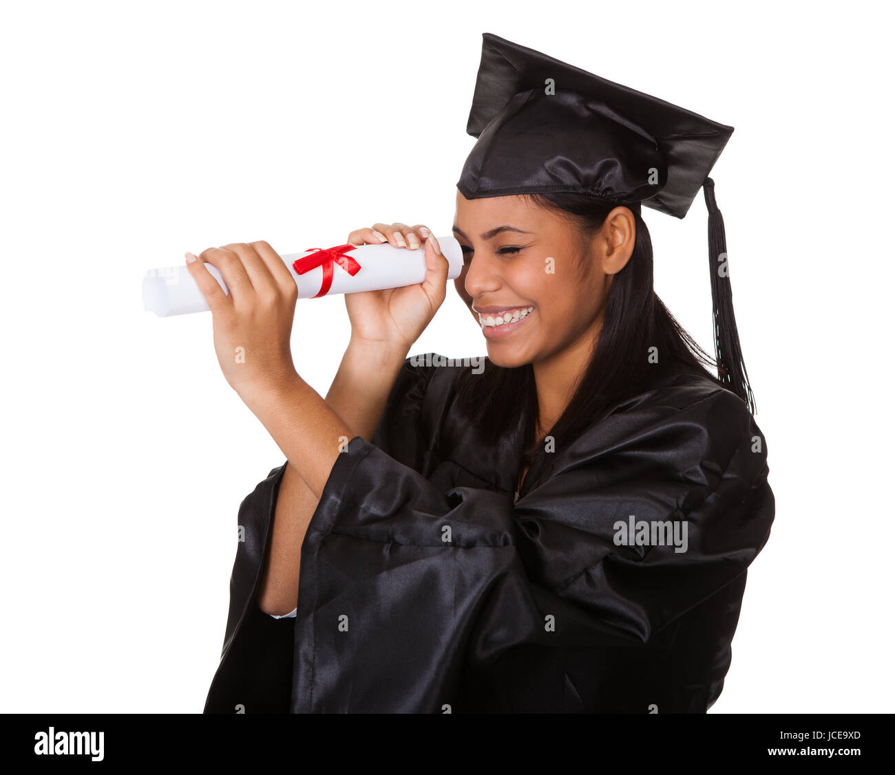 Graduate Woman Holding Certificate. Isolated On White Stock Photo - Alamy