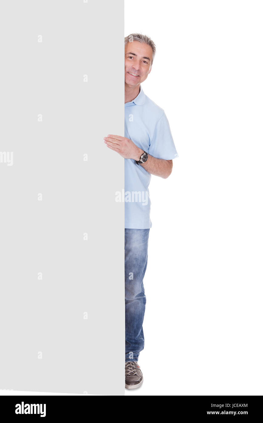 Man Presenting Blank Placard Over White Background Stock Photo - Alamy