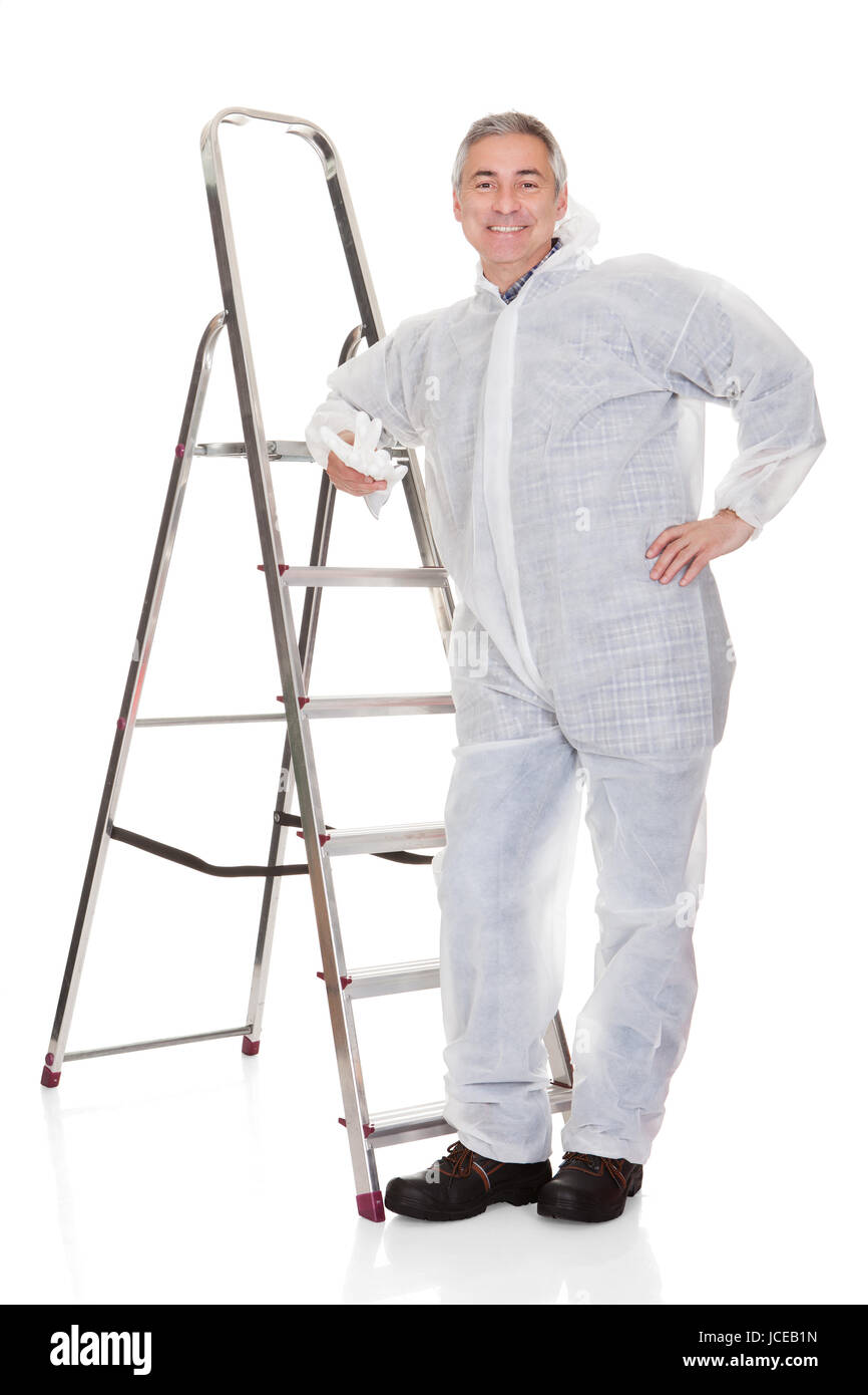 Mature Man Sitting On Ladder Over White Background Stock Photo - Alamy