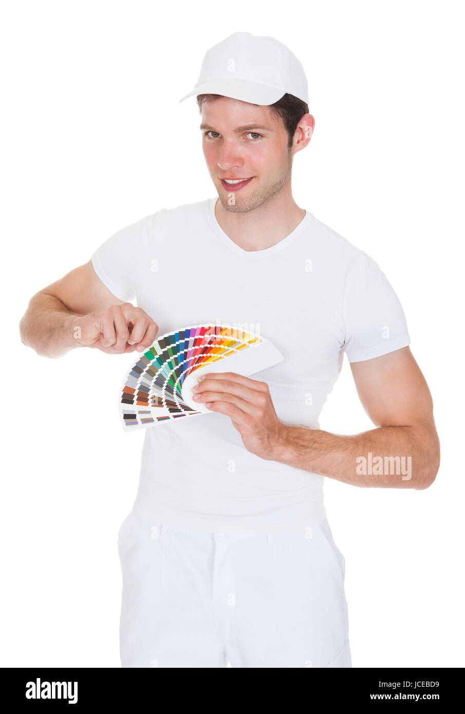 Young Man Holding Color Palette Isolated On White Background Stock ...