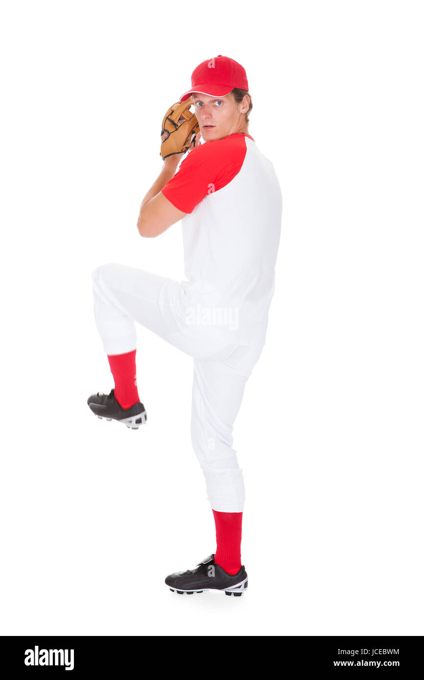 Portrait Of Baseball Pitcher Isolated On White Background Stock Photo ...