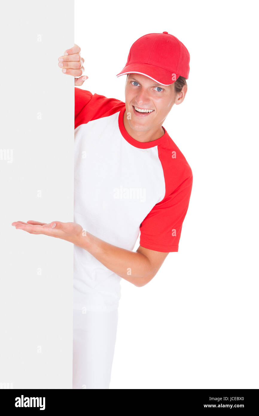 Baseball Player Holding Blank Placard Over White Background Stock Photo ...