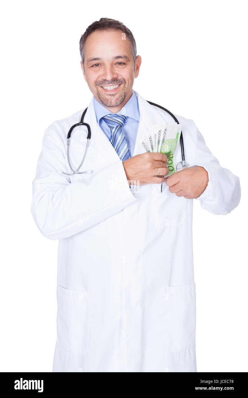 Happy Doctor Holding Euro Notes On White Background Stock Photo - Alamy