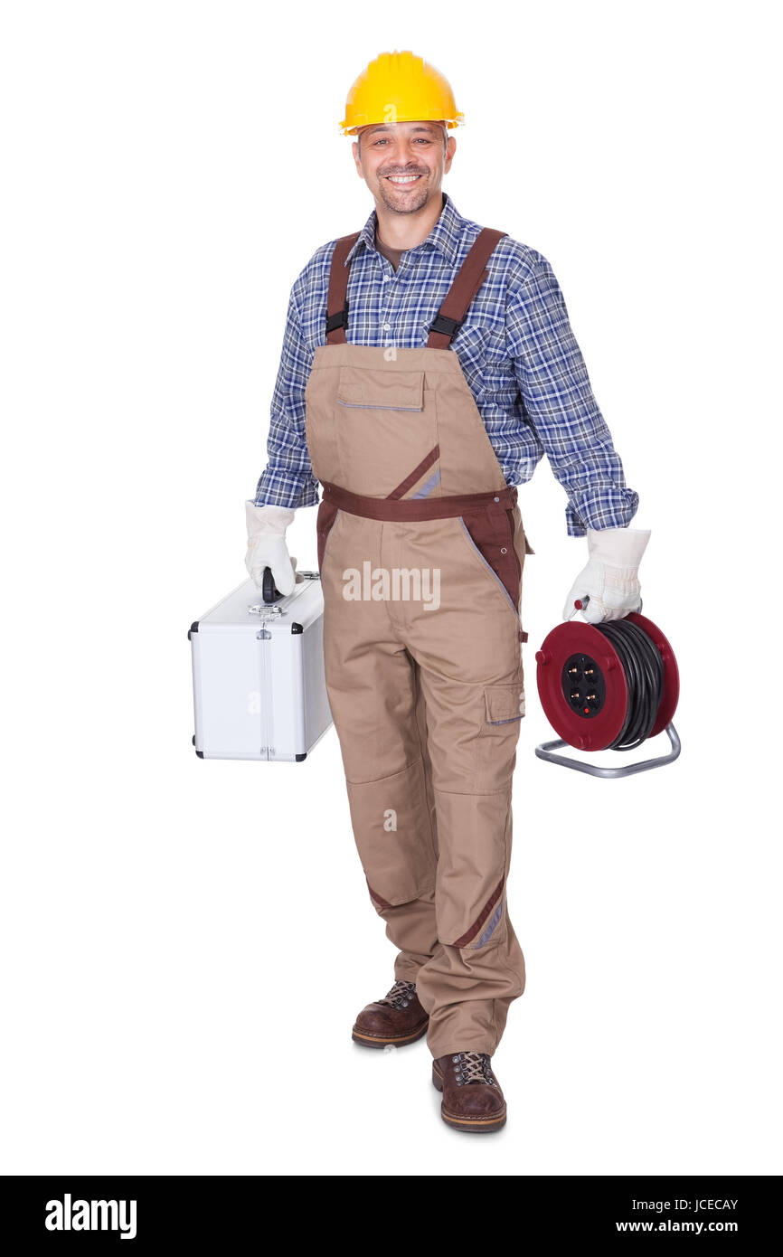 Happy Construction Worker Holding Toolbox And Cable On White Background ...