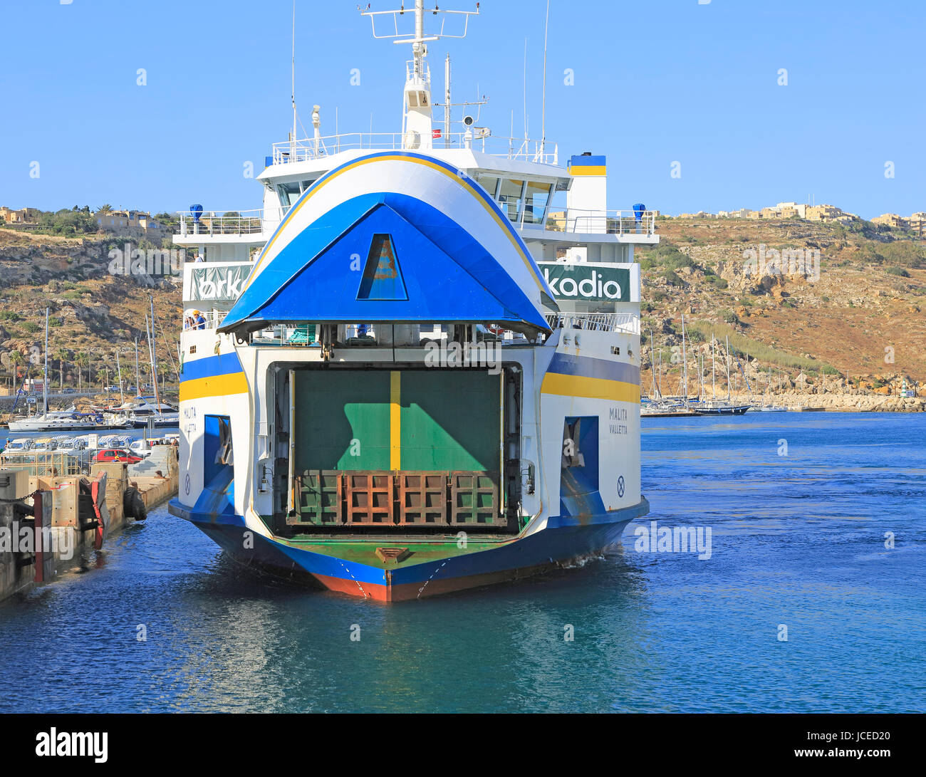 Vehicle ferry arriving at port, Gozo Channel Line Ferries, Mgarr ferry ...