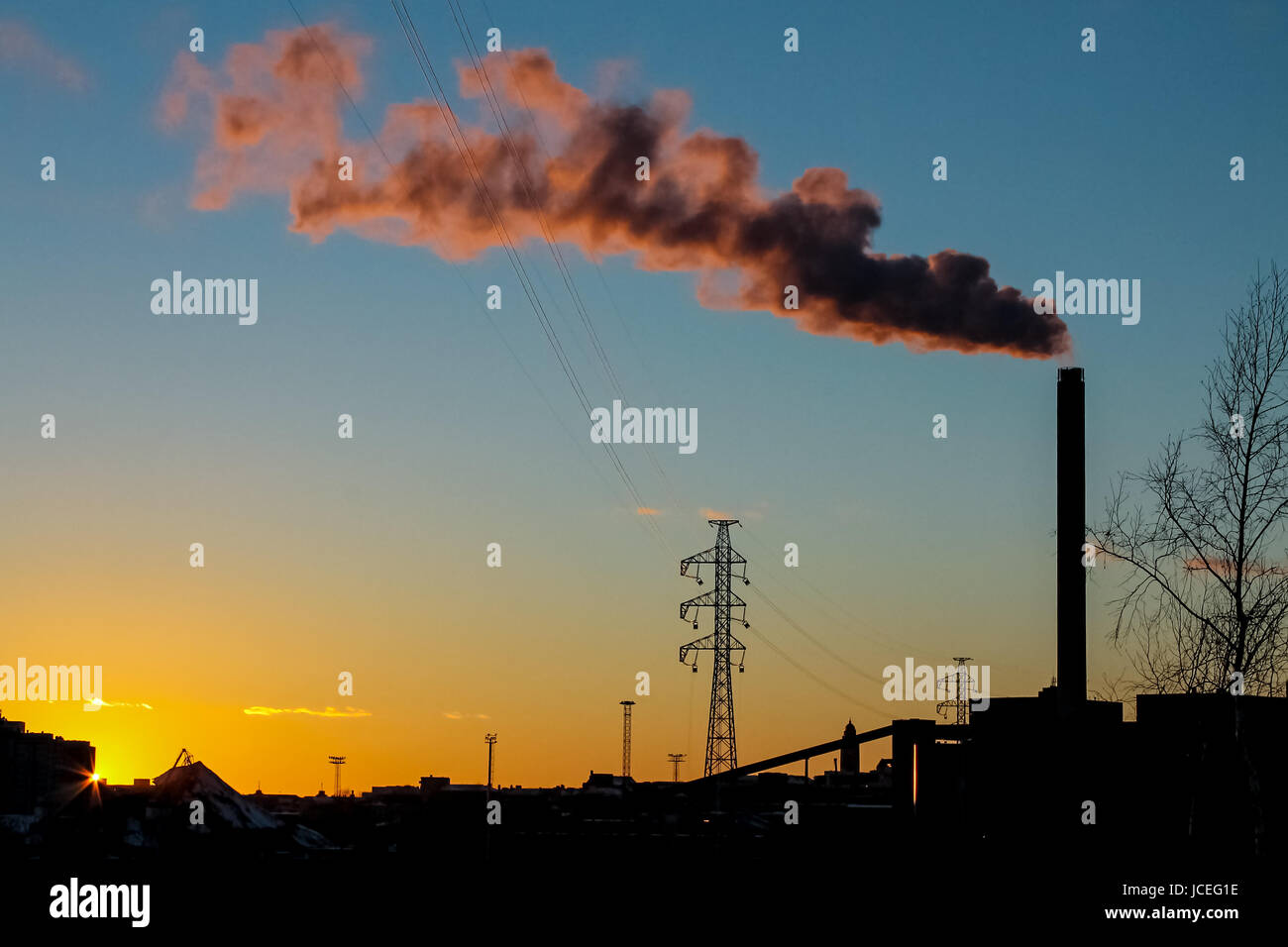 Red smoke coming from the power plant in the sunset Stock Photo - Alamy