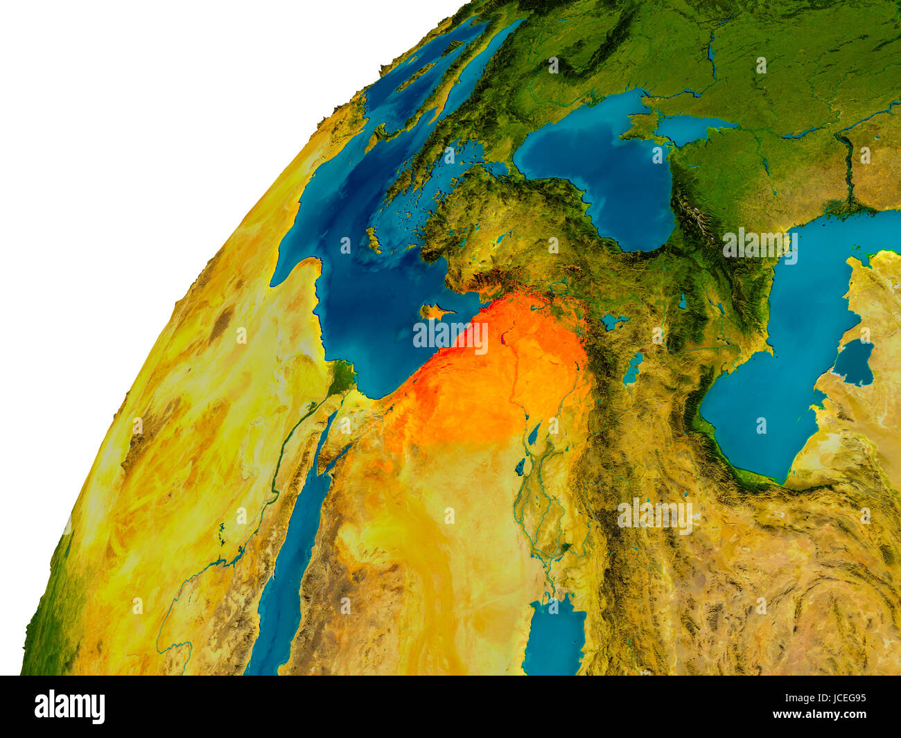 Syria in red on topographic globe. 3D illustration with detailed planet ...