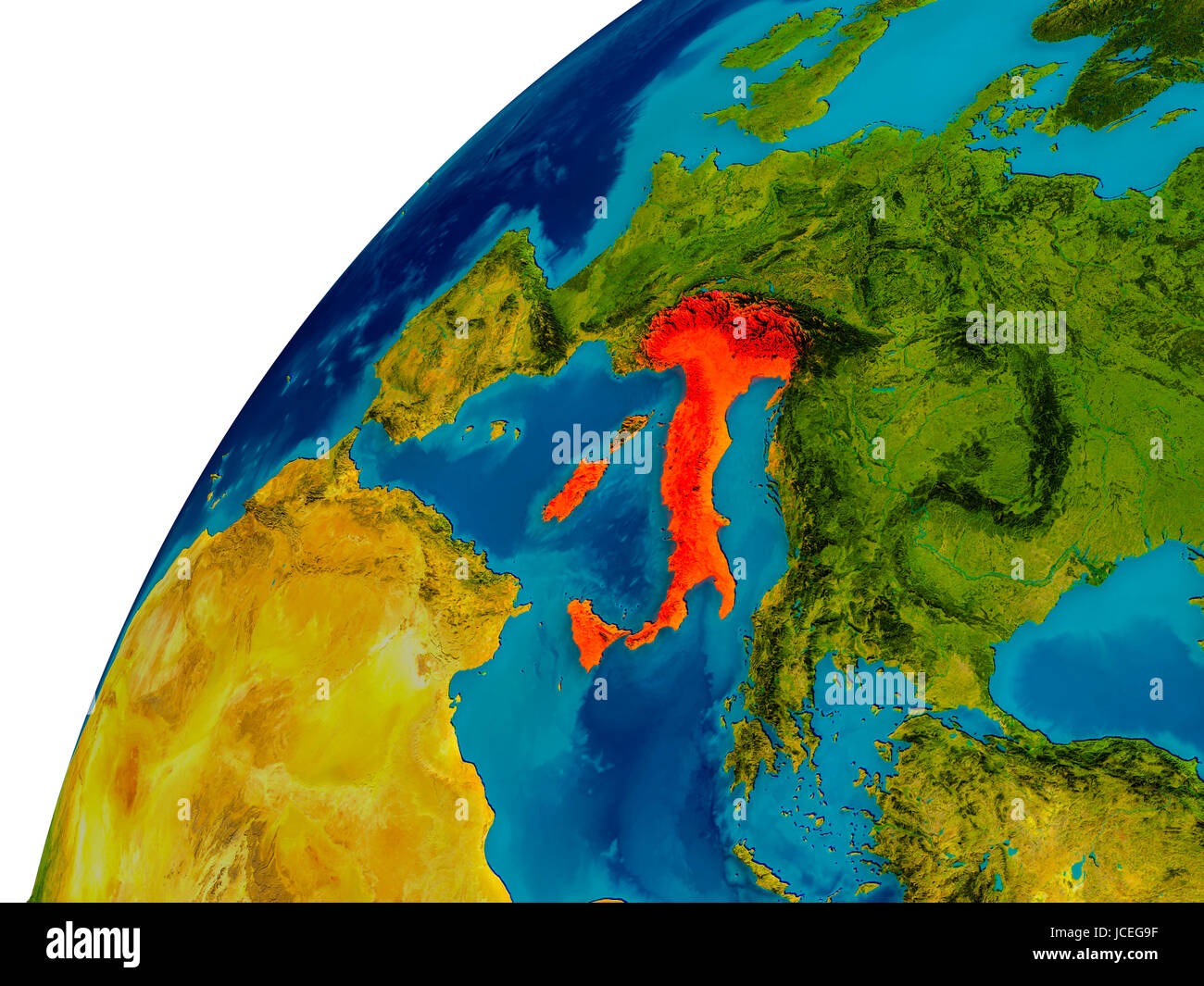 Italy in red on topographic globe. 3D illustration with detailed planet ...