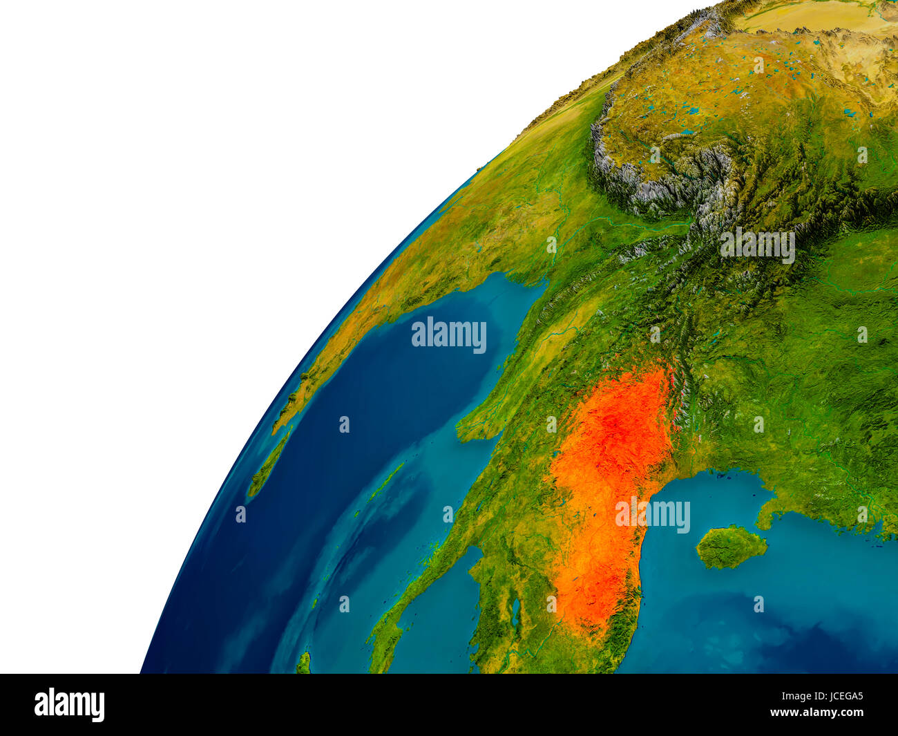 Laos in red on topographic globe. 3D illustration with detailed planet ...