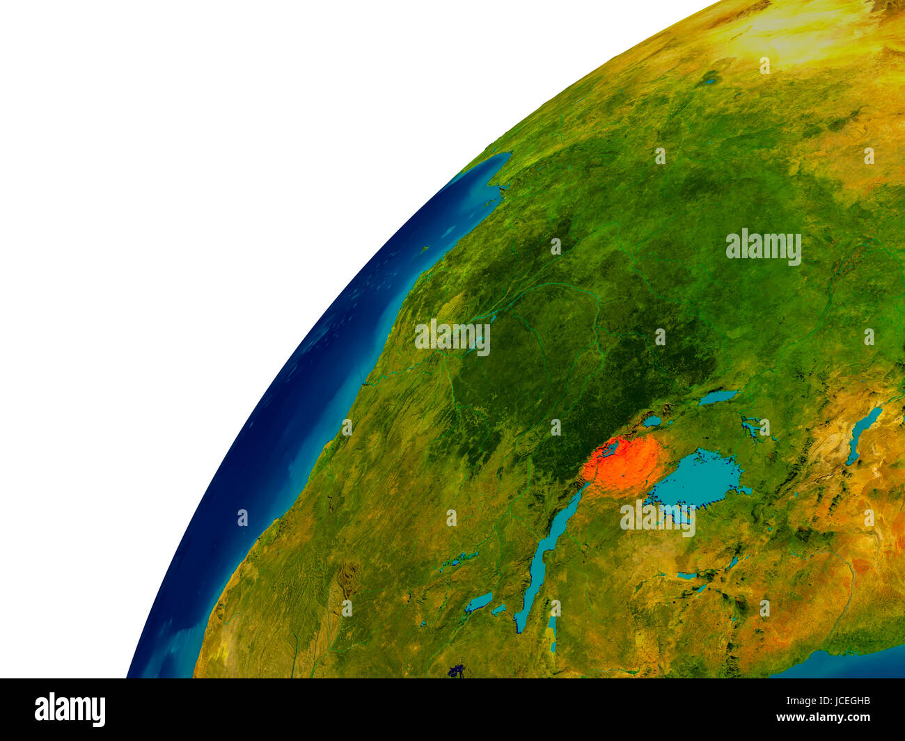 Rwanda in red on topographic globe. 3D illustration with detailed ...