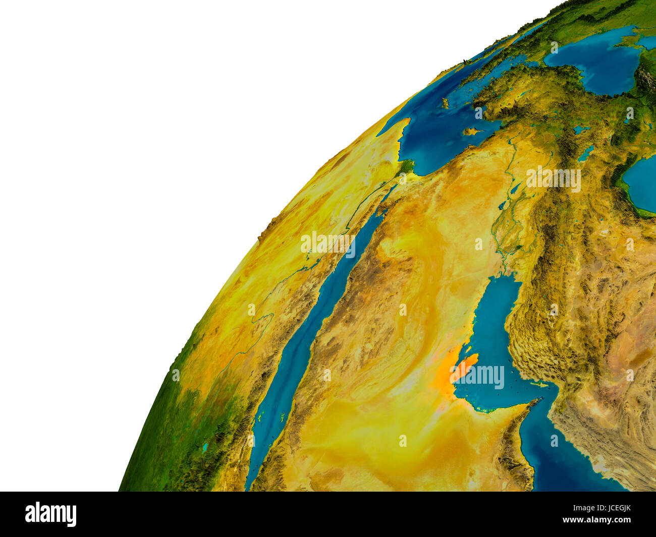 Qatar in red on topographic globe. 3D illustration with detailed planet ...