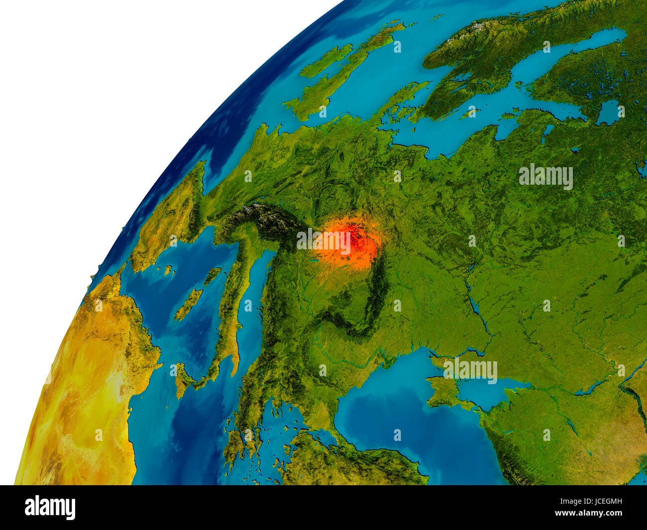 Slovakia in red on topographic globe. 3D illustration with detailed ...