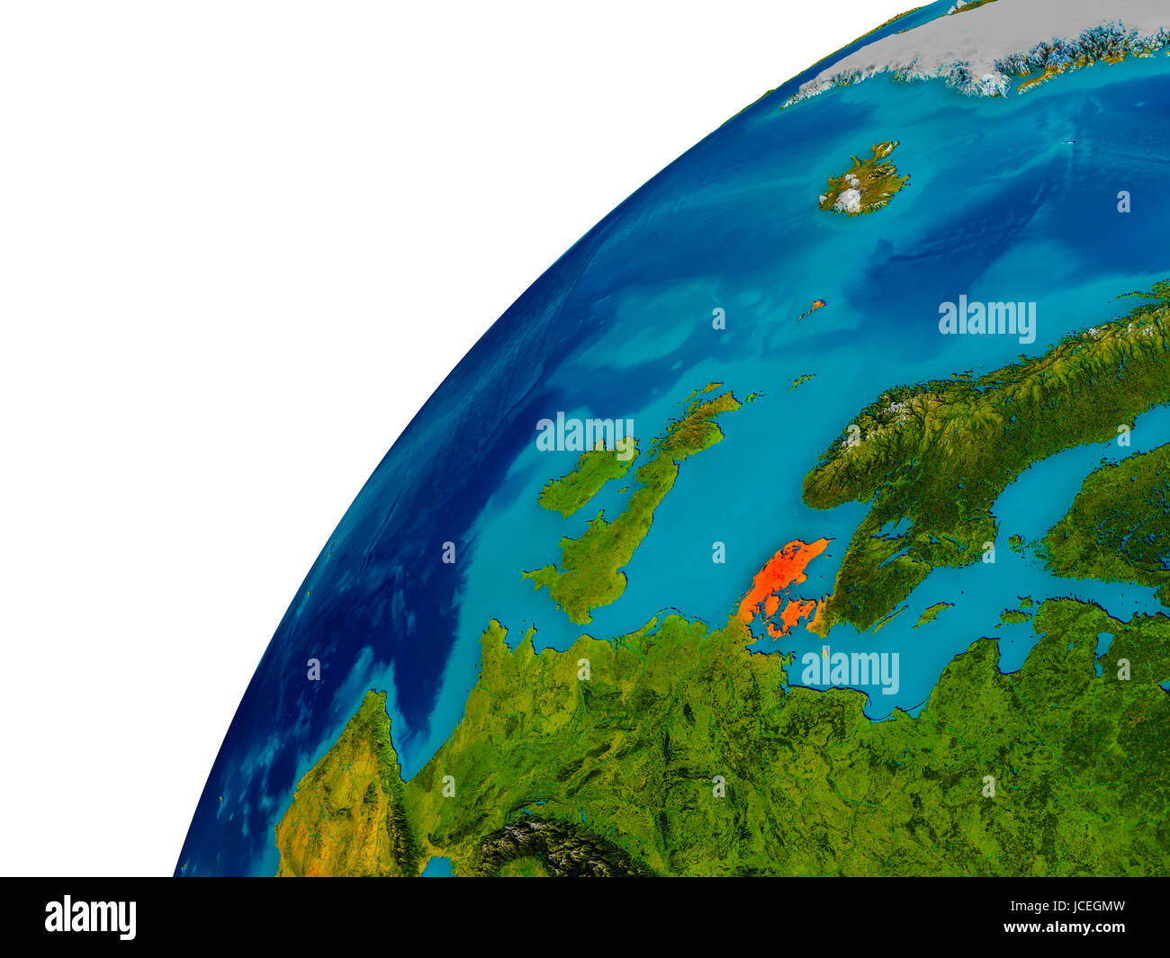 Denmark in red on topographic globe. 3D illustration with detailed ...