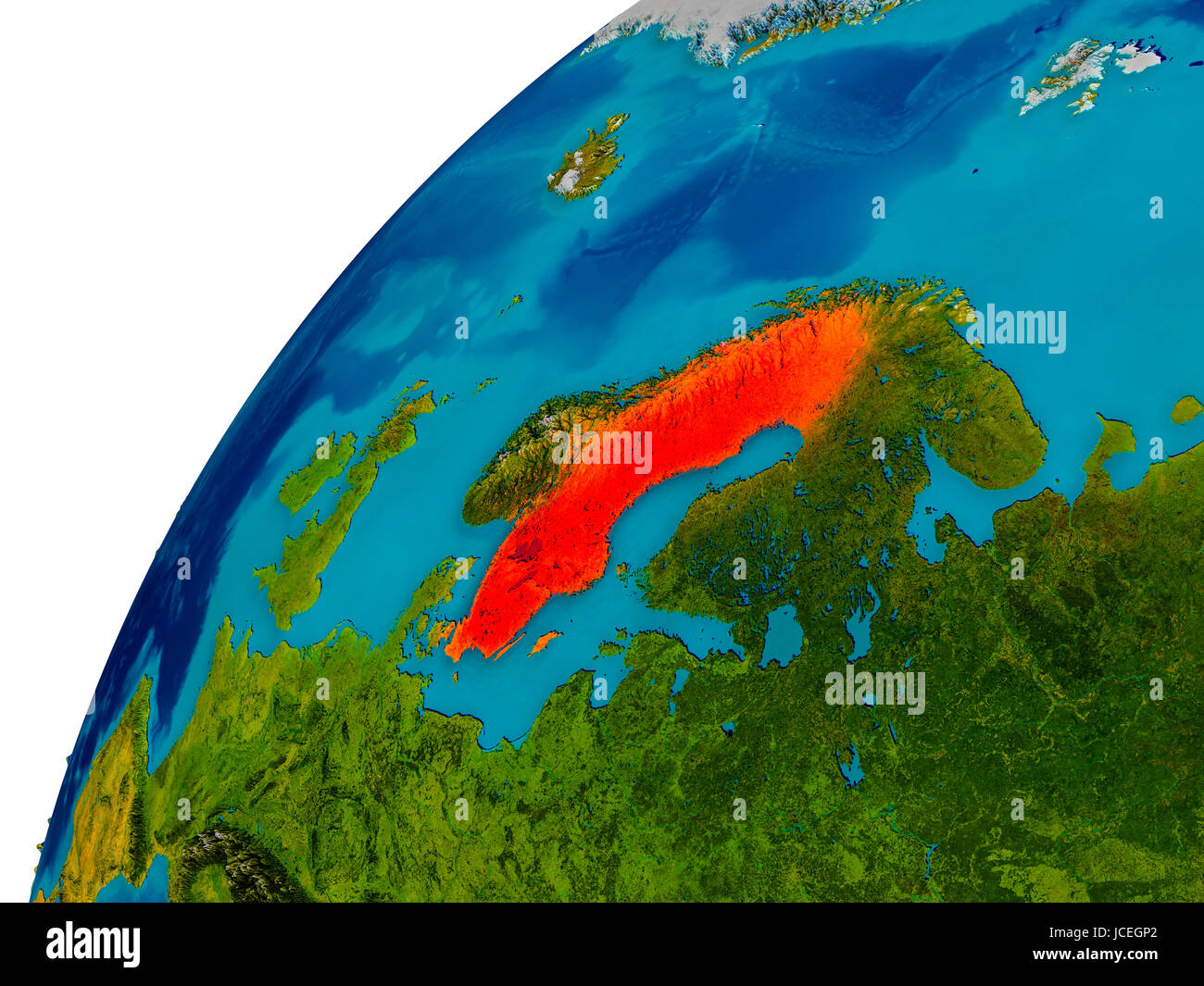 Sweden in red on topographic globe. 3D illustration with detailed ...