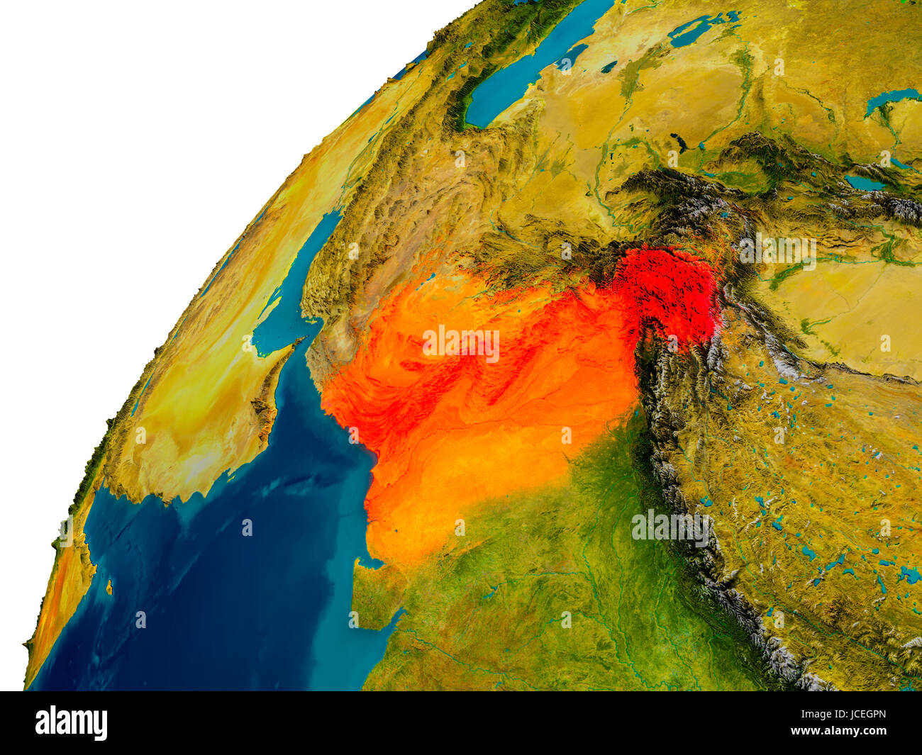 Pakistan in red on topographic globe. 3D illustration with detailed ...