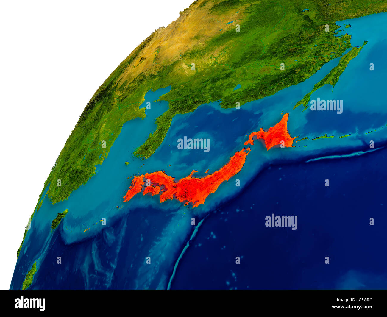 Japan in red on topographic globe. 3D illustration with detailed planet ...