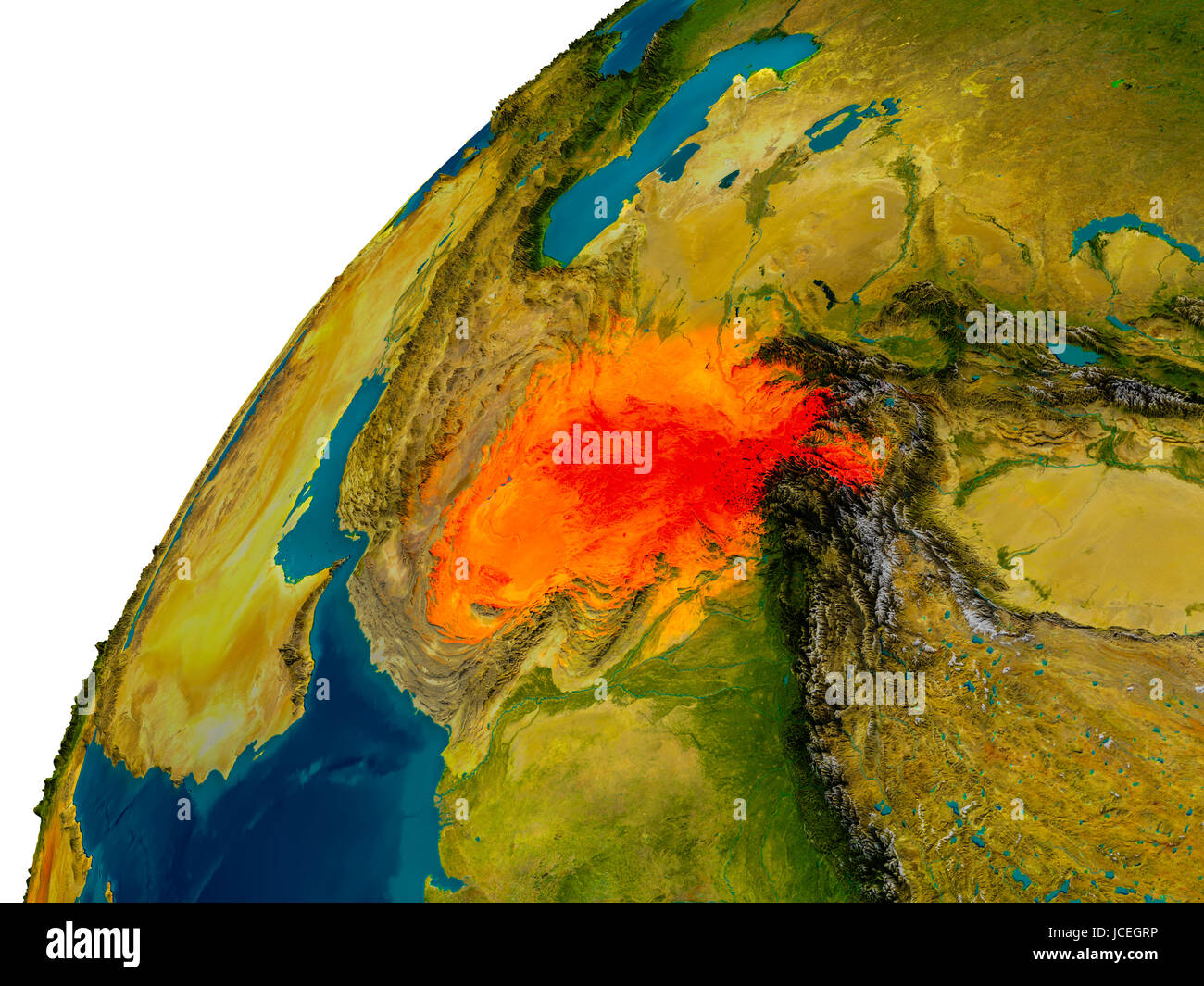 Afghanistan in red on topographic globe. 3D illustration with detailed ...