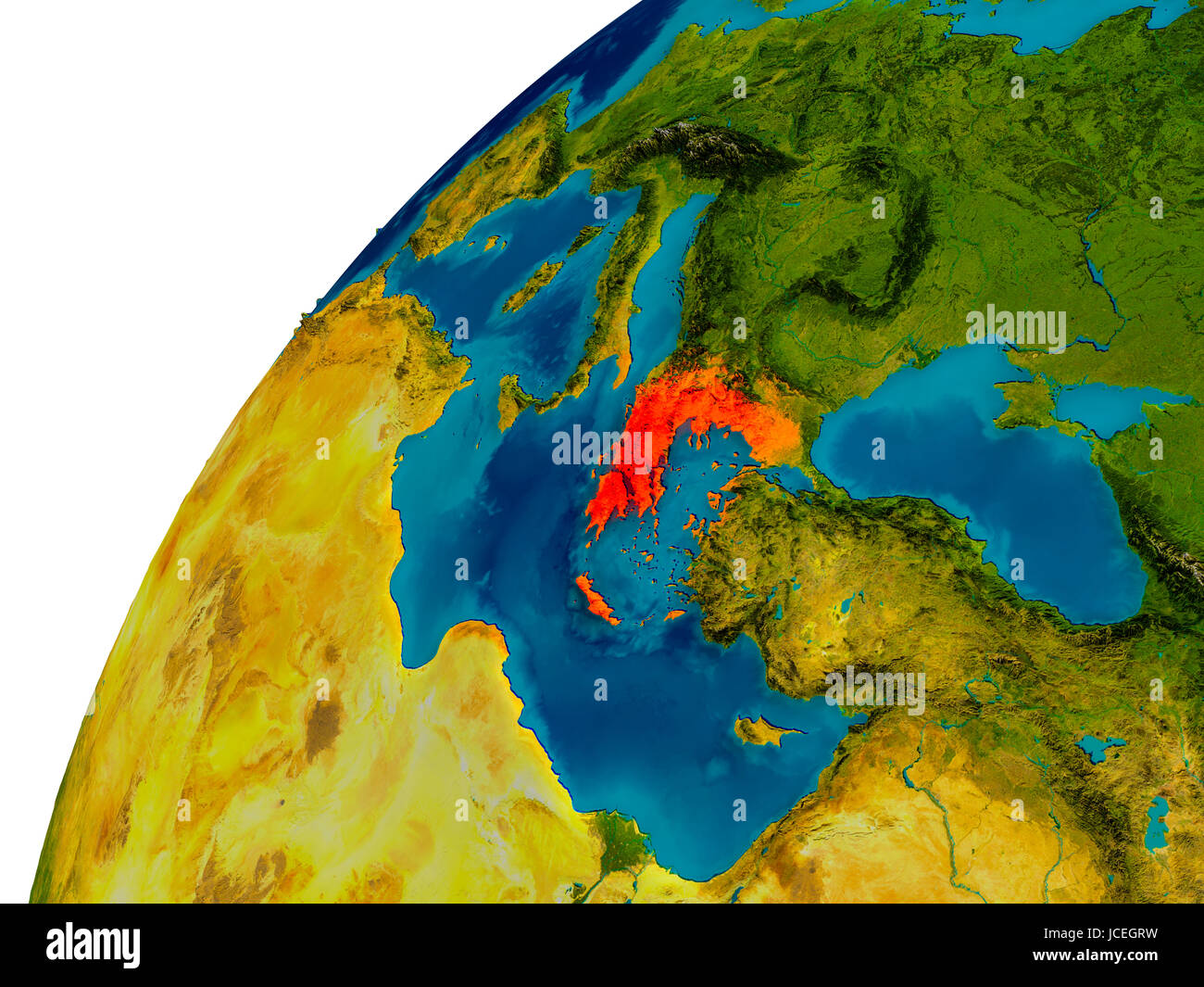 Greece in red on topographic globe. 3D illustration with detailed ...