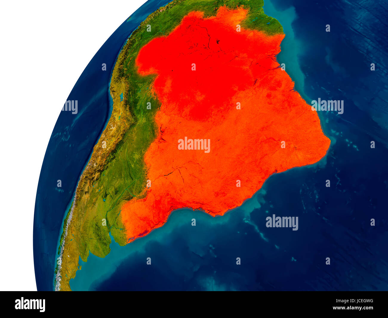 Brazil in red on topographic globe. 3D illustration with detailed ...