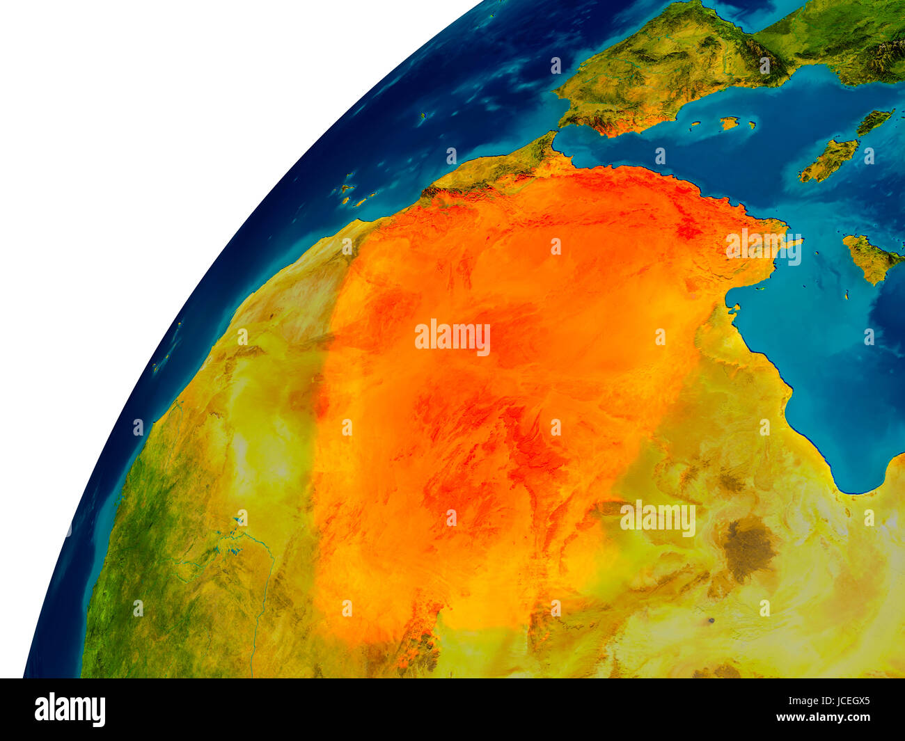 Algeria in red on topographic globe. 3D illustration with detailed ...