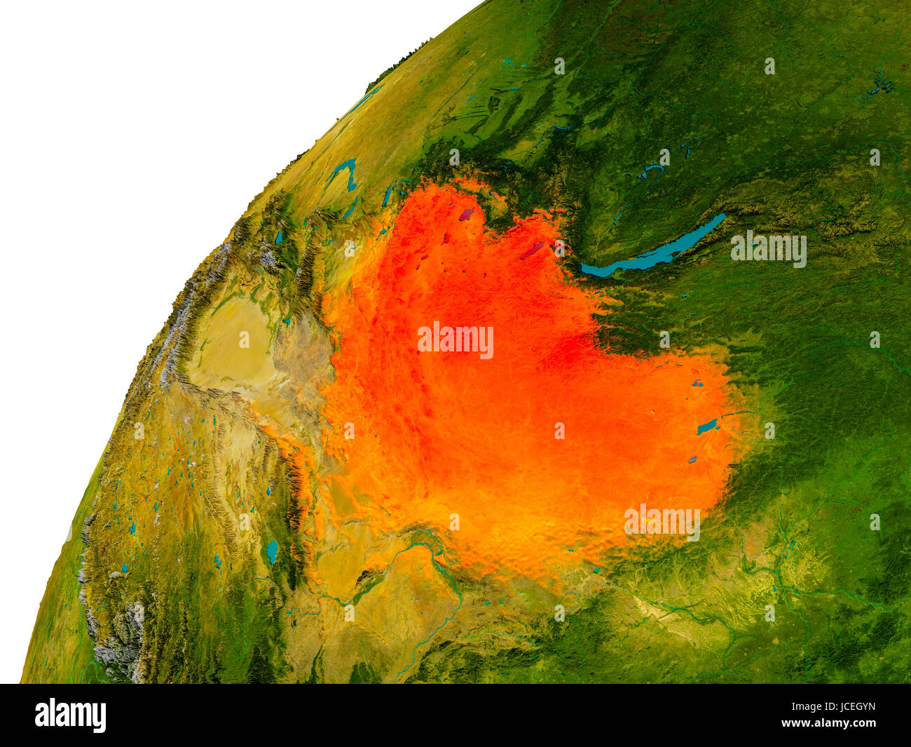 Mongolia in red on topographic globe. 3D illustration with detailed ...