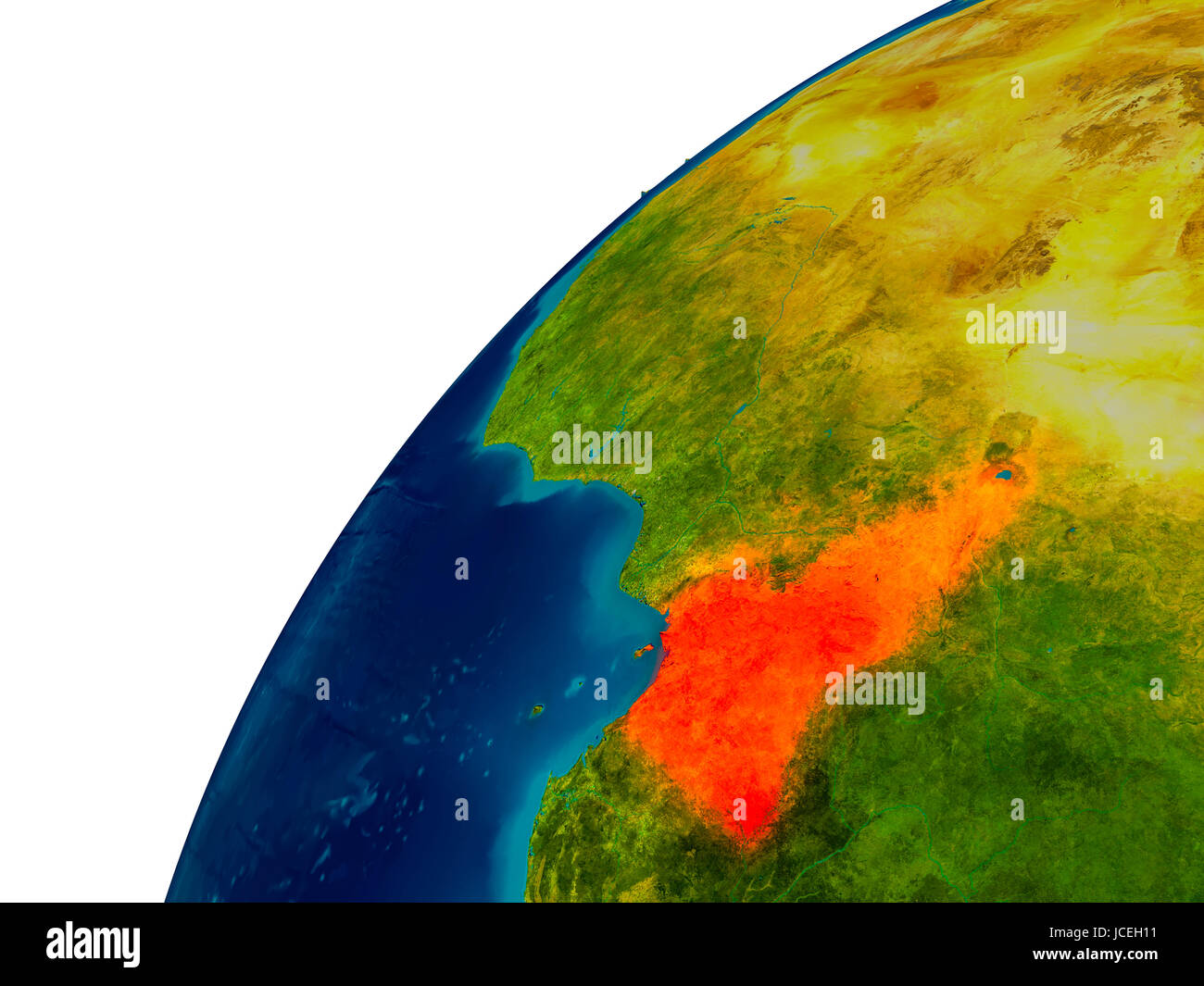 Cameroon in red on topographic globe. 3D illustration with detailed ...