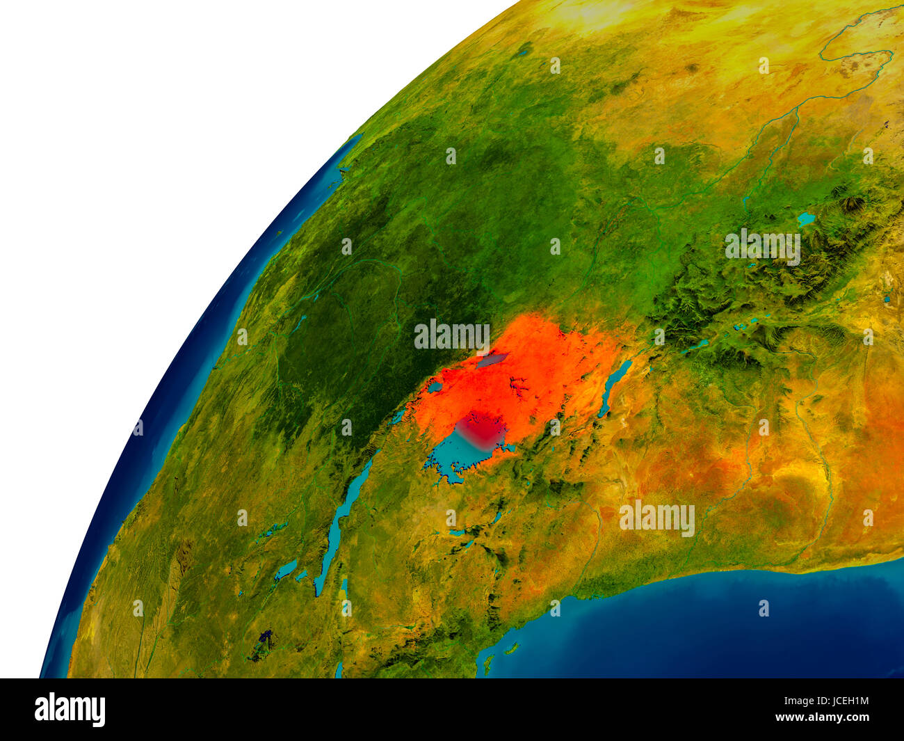Uganda in red on topographic globe. 3D illustration with detailed ...