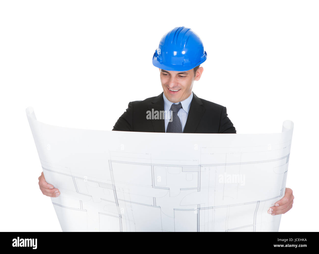 Male Architect Holding Blueprints Over White Background Stock Photo - Alamy