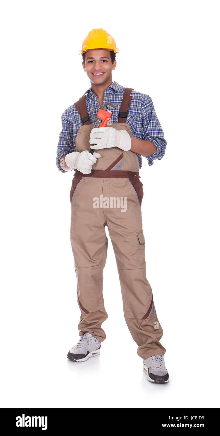 Confident construction worker. Isolated on white background Stock Photo ...