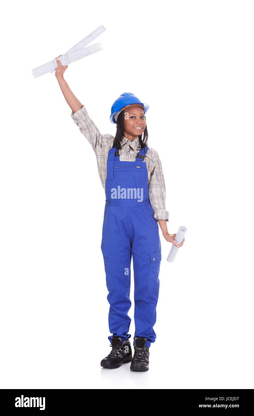 Excited construction worker. Isolated on white background Stock Photo ...