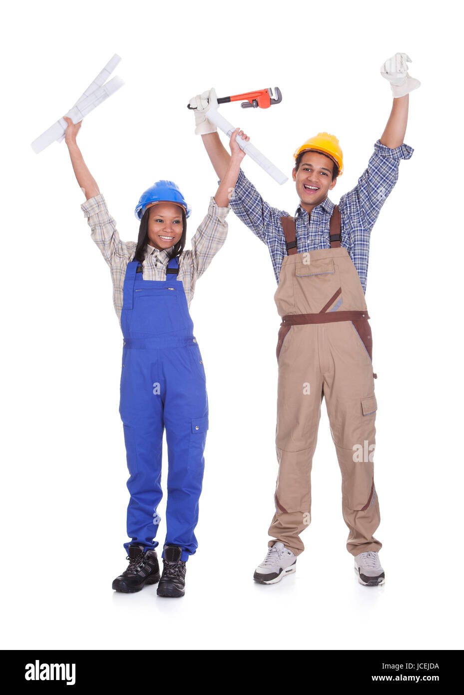 Excited construction workers. Isolated on white background Stock Photo ...