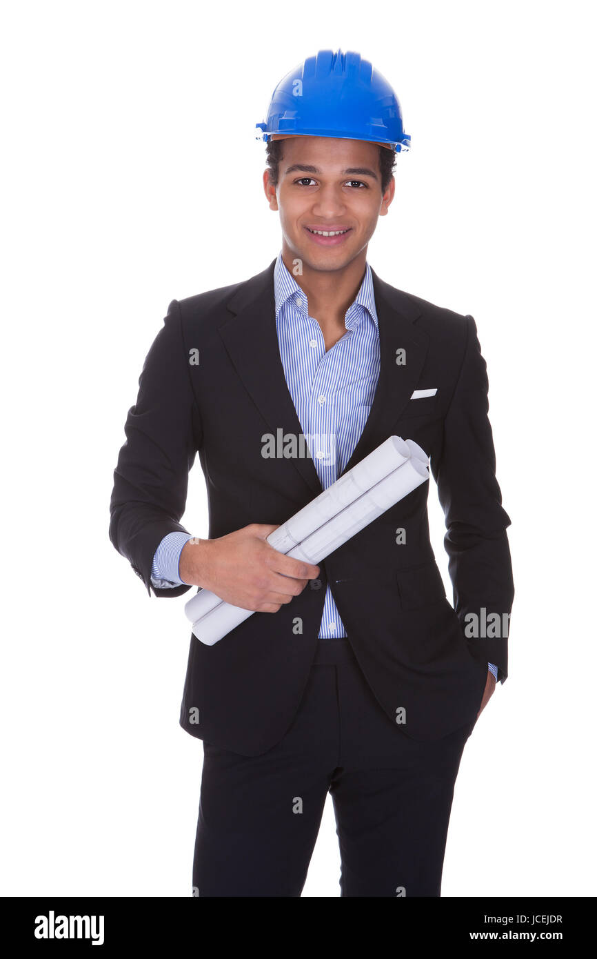 Portrait Of Male Engineer Holding Blueprint Over White Background Stock ...