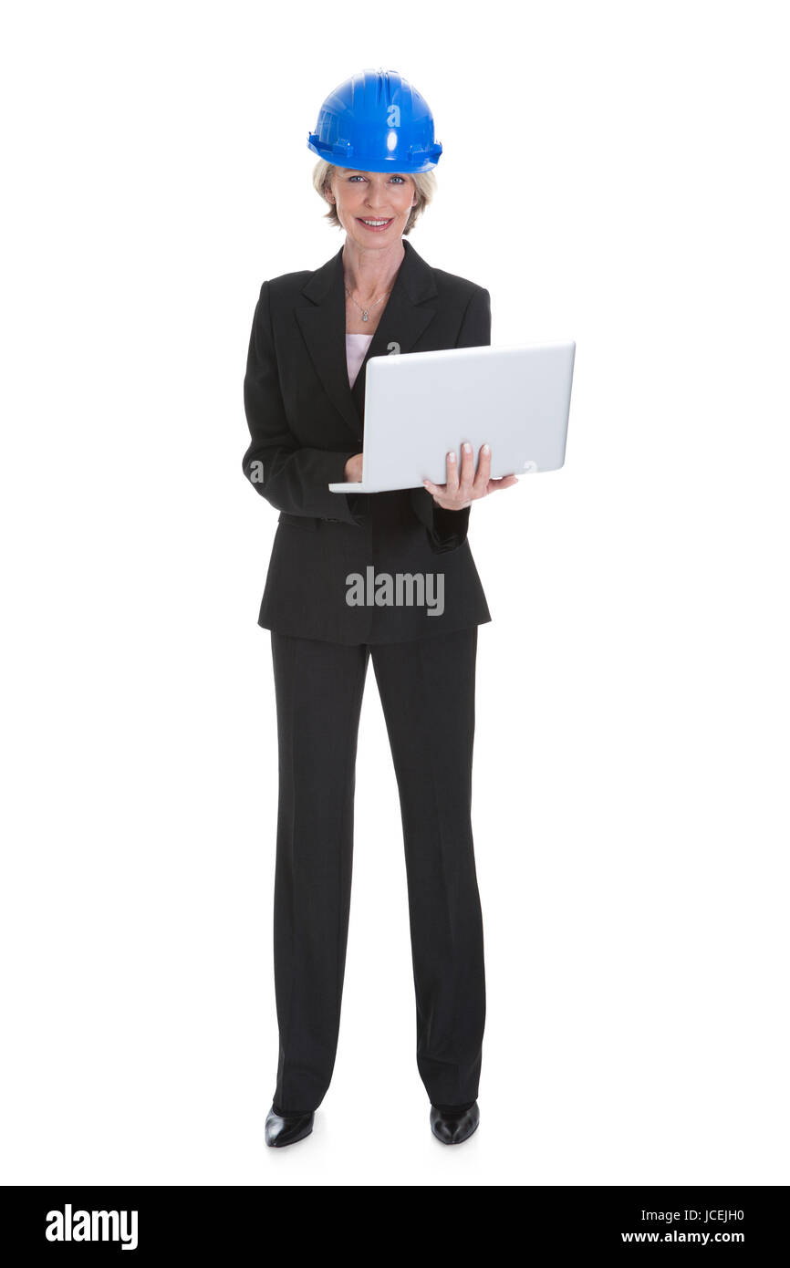 Portrait Of Female Architect Using Laptop On White Background Stock ...
