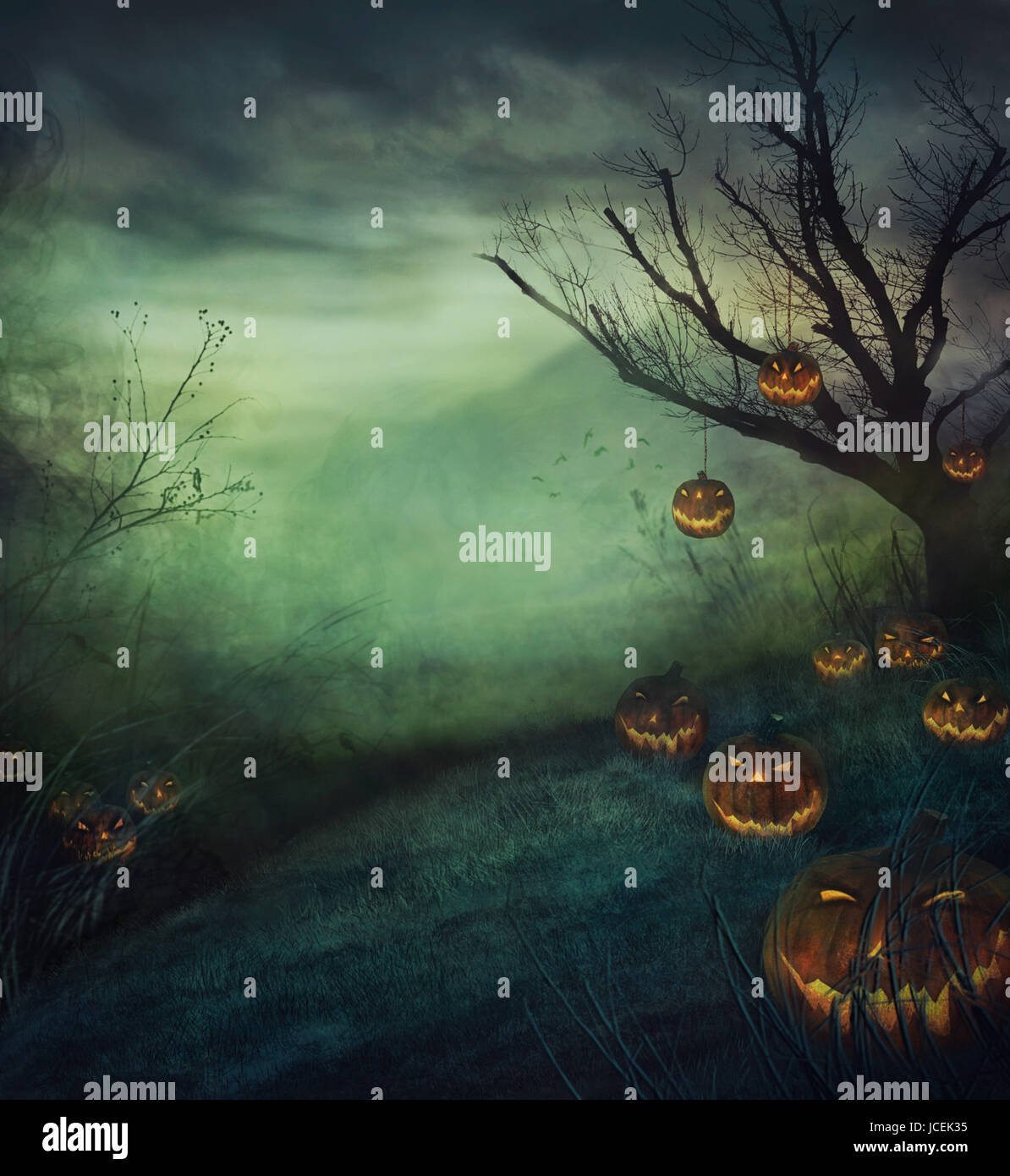 Halloween design - graveyard pumpkins. Horror background with autumn ...