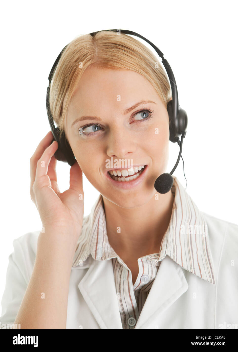 Cheerfull call center operator. Isolated on white Stock Photo - Alamy