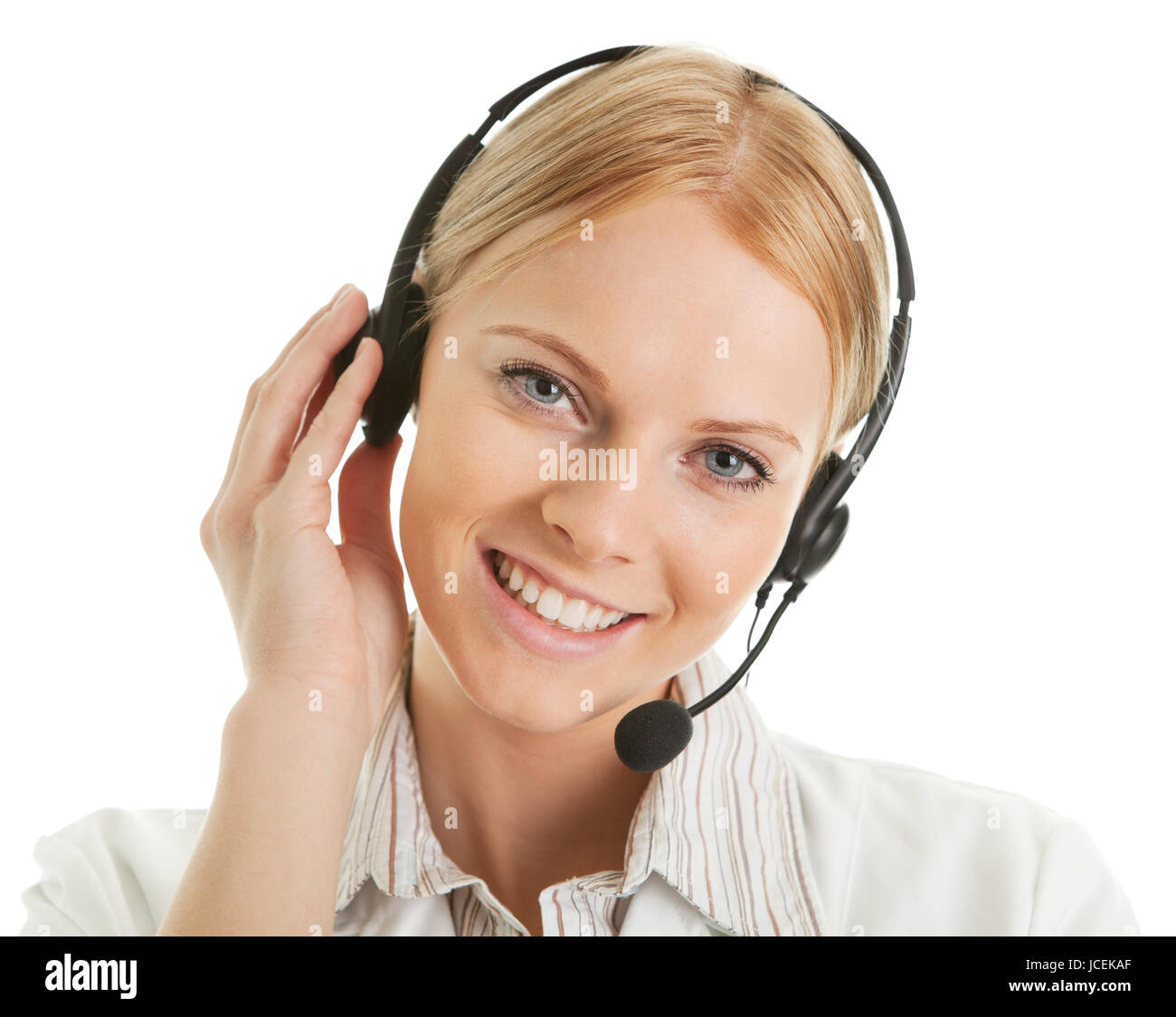 Cheerfull call center operator. Isolated on white Stock Photo - Alamy