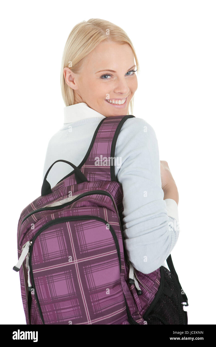 Portrait of beautiful student girl with backpack. Isolated on white ...