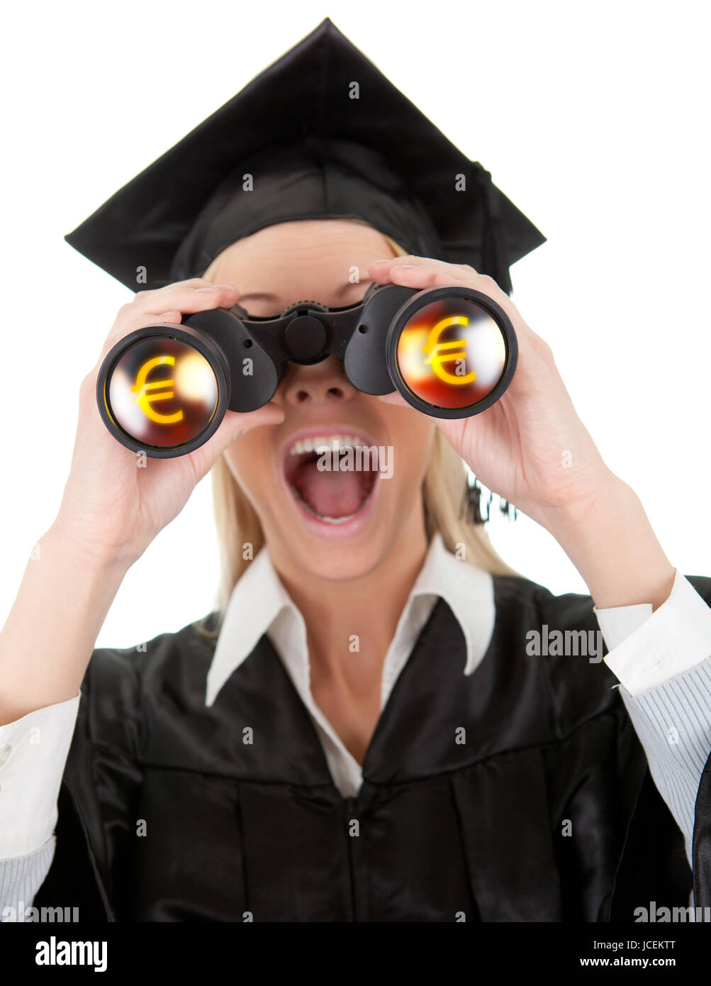 Student in graduation gown looking through binoculars. Isolated on ...
