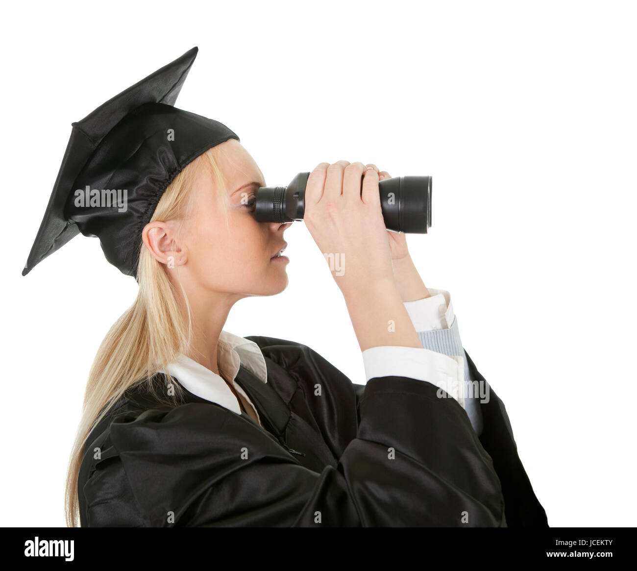 Student in graduation gown looking through binoculars. Isolated on ...